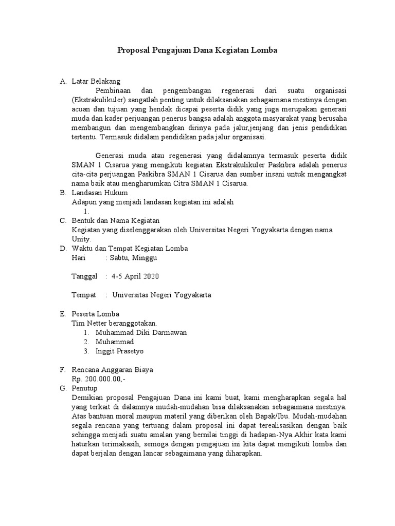 Proposal Pengajuan Dana Kegiatan Lomba | PDF