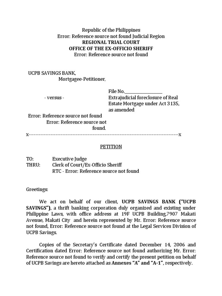 Petition For Extrajudicial Foreclosure (Template) | PDF | Mortgage Law ...