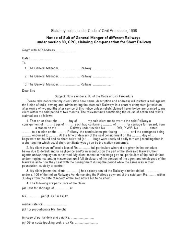 Notice Under Section 80 CPC | Download Free PDF | Negligence | Social ...