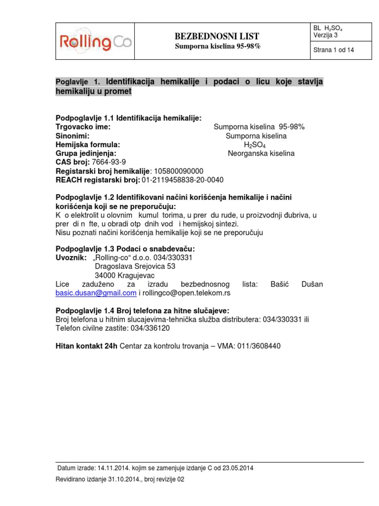MSDS H2so4 | PDF
