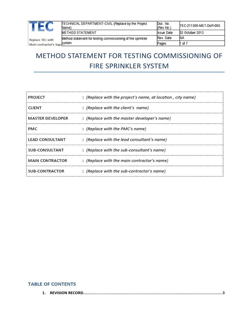 Testing And Commissioning Method Statement For The Fire Sprinkler
