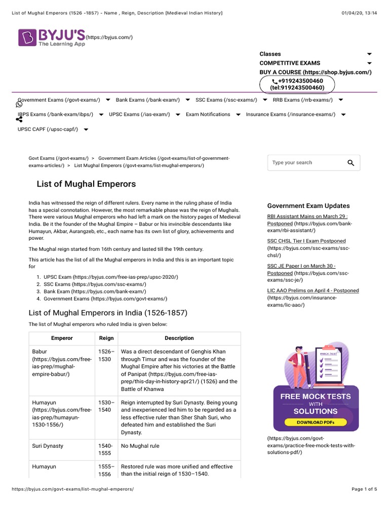List of Mughal Emperors (1526 - 1857) - Name, Reign, Description ...