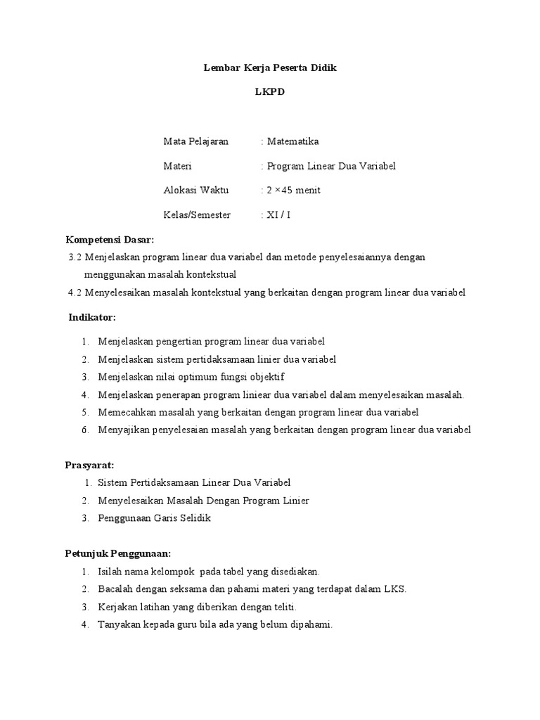 LKPD Program Linear Dua Variabel | PDF