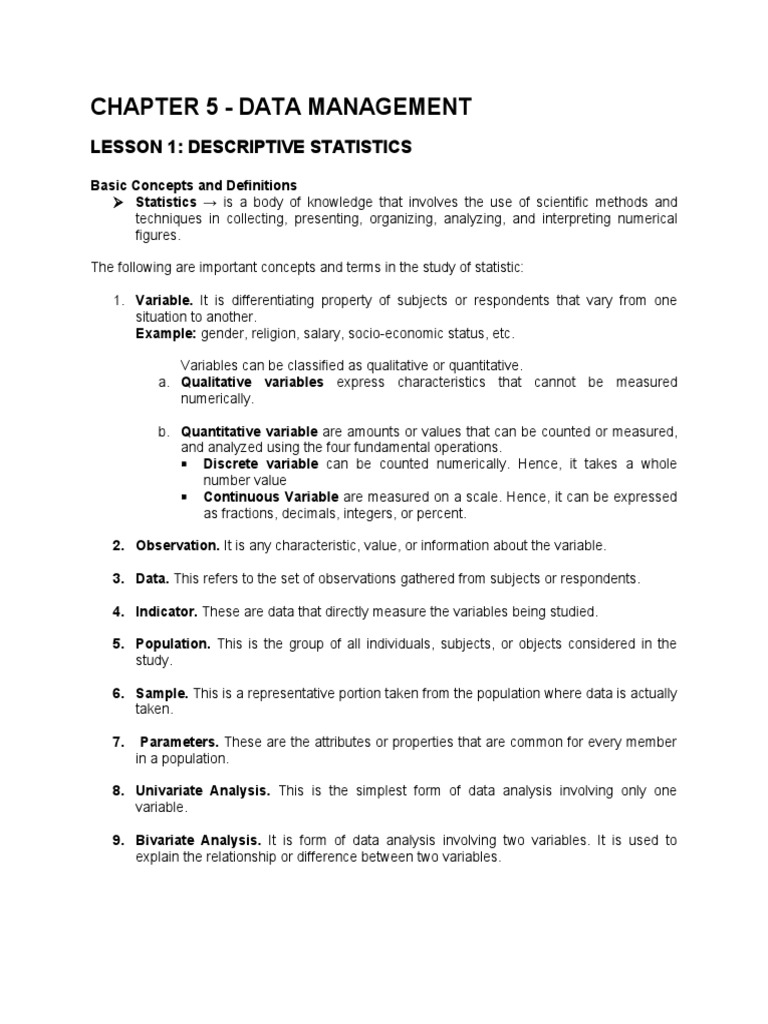 CHAPTER 5 Data Management | PDF | Variable (Mathematics) | Statistics