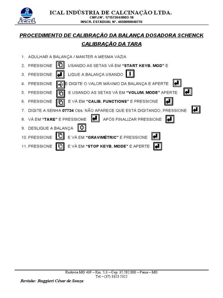 PROCEDIMENTO Calibração Balança Dosadora Schenck TARA | PDF