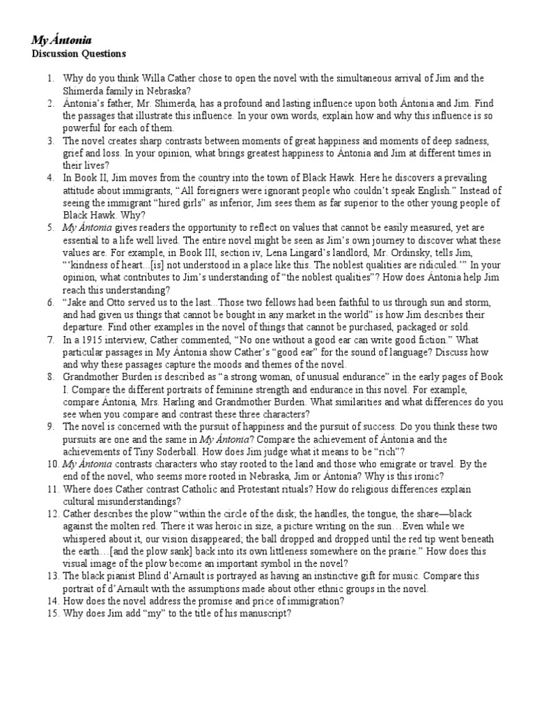 My Ántonia - Discussion Questions | PDF | General Fiction