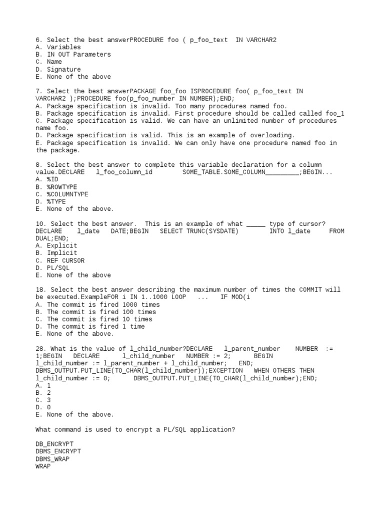 PLSQL Quiz | Download Free PDF | Sql | Software Engineering