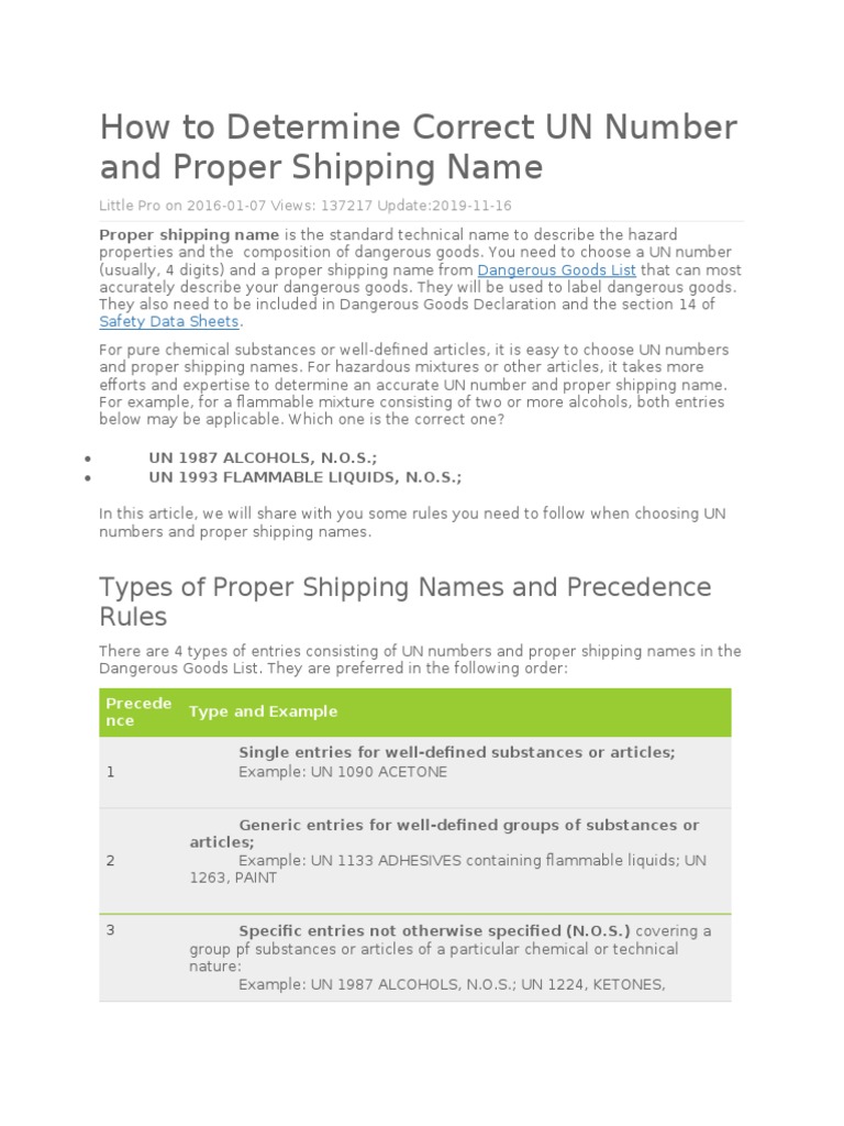 How To Determine Correct UN Number and Proper Shipping Name | PDF ...