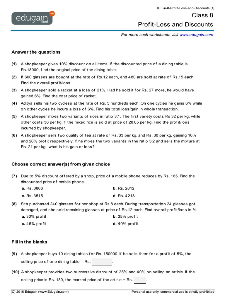 Grade 8 Profit Loss and Discount | PDF | Business | Market (Economics)
