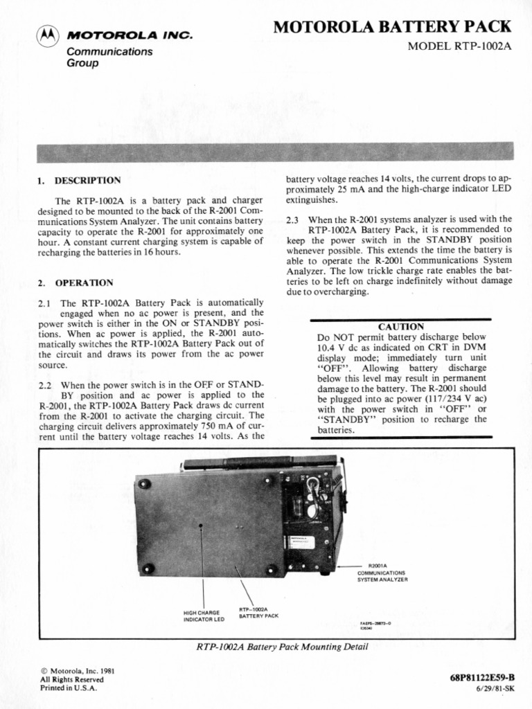 RTP-1002A Battery Pack Operation + Service Manual 6881122E59-B PDF | PDF