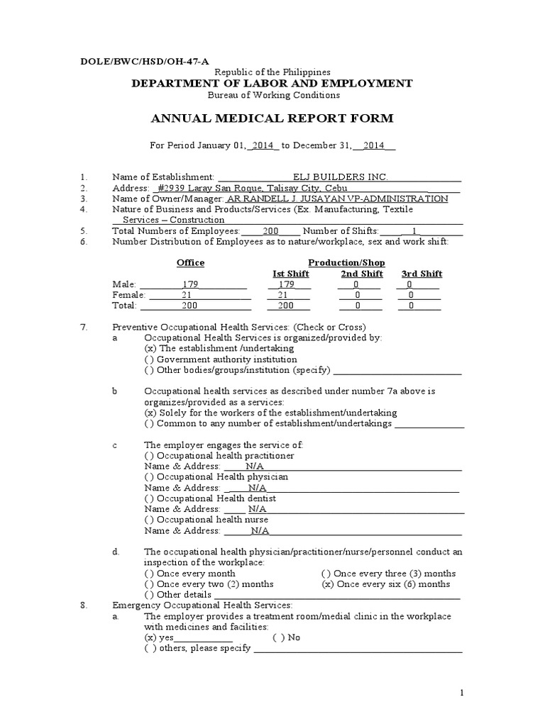 Annual Medical Report Form (DOLE - BWC - HSD - ) H-47-A) | PDF ...