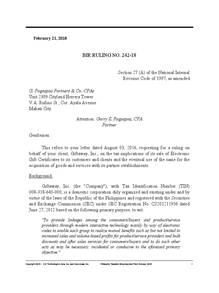 BIR Ruling 242-18 | PDF | Value Added Tax | Income Tax