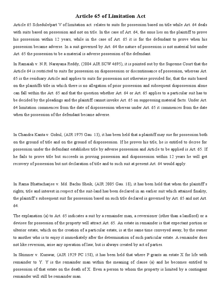 Article 65 of Limitation Act | PDF | Adverse Possession | Burden Of ...
