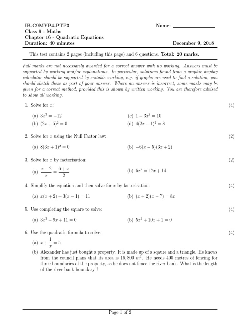 Class 9 Quadratic Equations Test | PDF | Quadratic Equation | Factorization