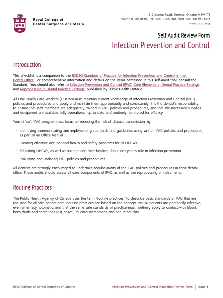 RCDSO Infection Control Self Audit Guide | PDF | Infection Control ...