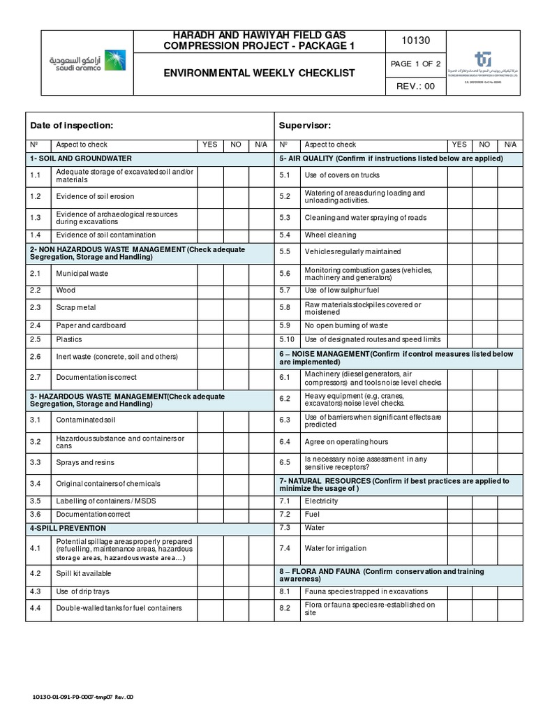 Environmental Weekly Checklist | PDF
