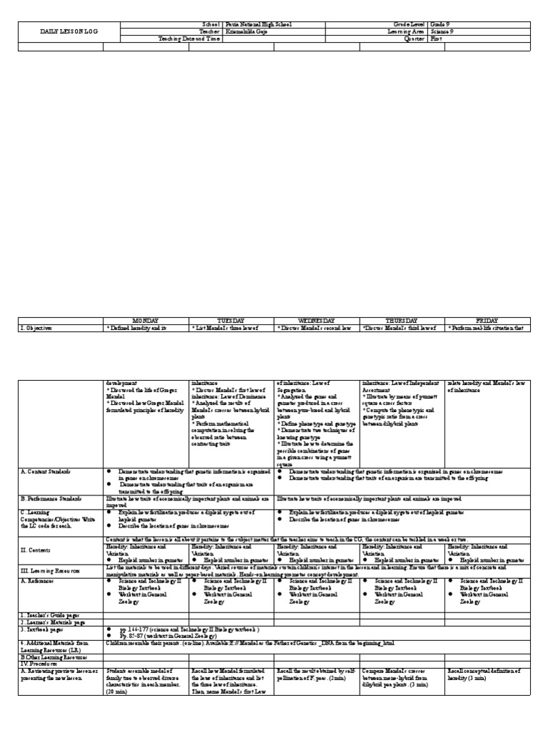 DAILY LESSON LOG Grade 9 Science | PDF | Dominance (Genetics) | Genetics