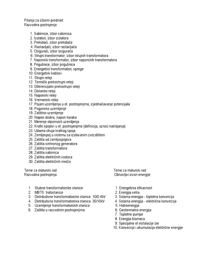 Ispitna Pitanja Razvodna Postrojenja | PDF