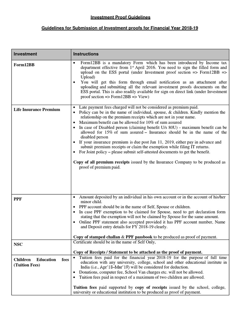 Guidelines For Investment Proof Submission | PDF | Loans | Tax Deduction