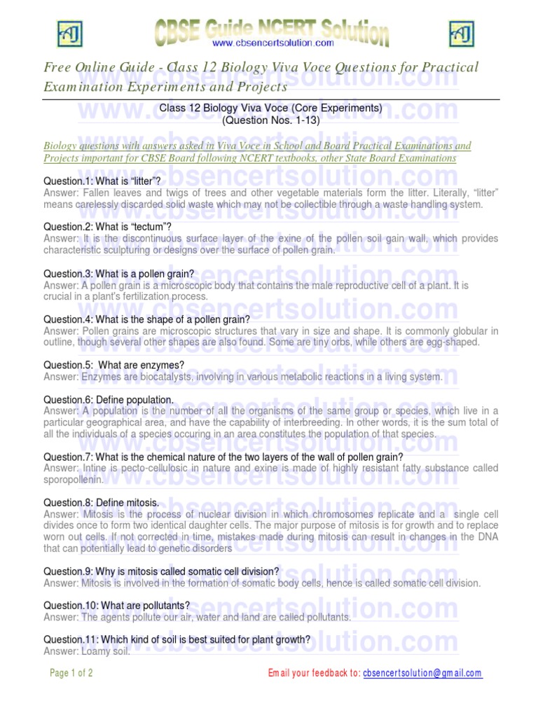 Free Online Guide - Class 12 Biology Viva Voce Questions For Practical ...