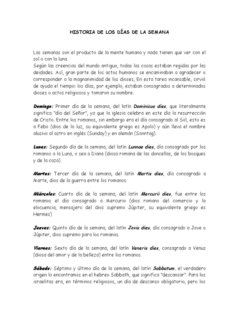 HISTORIA DE LOS DÍAS DE LA SEMANA Montessori | PDF