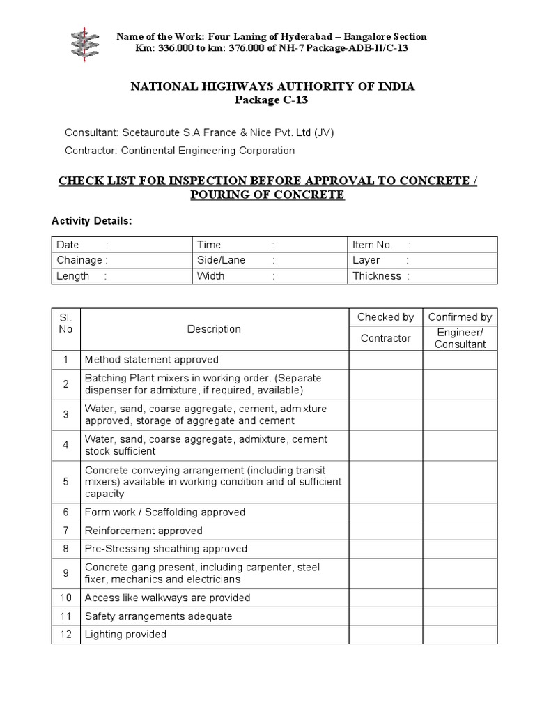 Concrete Pouring Inspection Checklist | PDF | Concrete | Economic Sectors