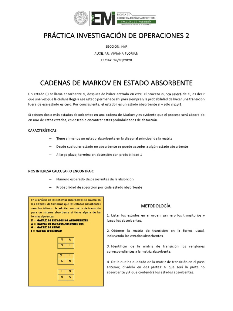 Cadenas de Markov Estado Absorbente | PDF | Cadena Markov | Matriz ...