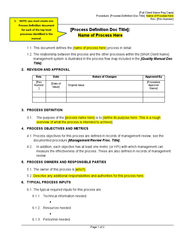 Process Definition Template Pdf Performance Indicator Risk