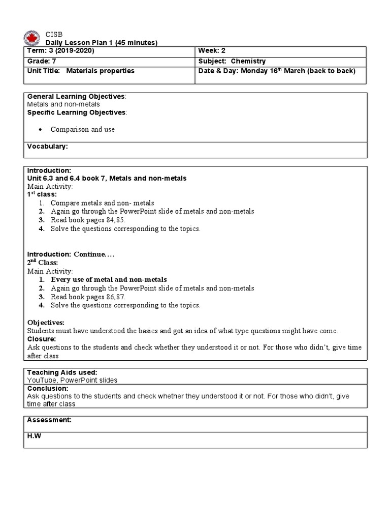 Chemistry Lesson Plan Grade 7 | PDF