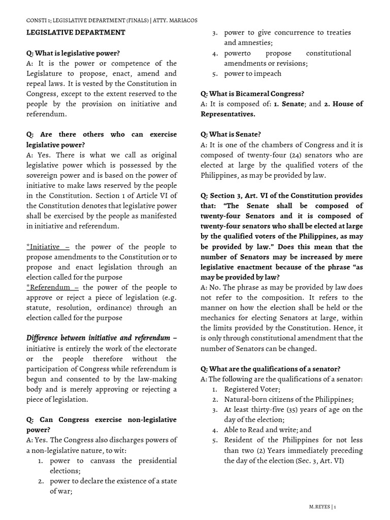 Legislative Department Reviewer | PDF | Initiative | United States Congress