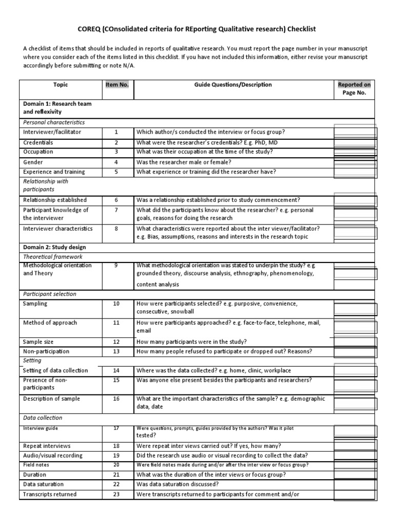 ISSM COREQ Checklist | Download Free PDF | Qualitative Research | Focus ...