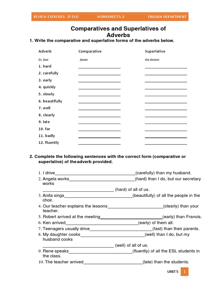 WORKSHEET 5.3 Comparative Superlative Adverbs | PDF