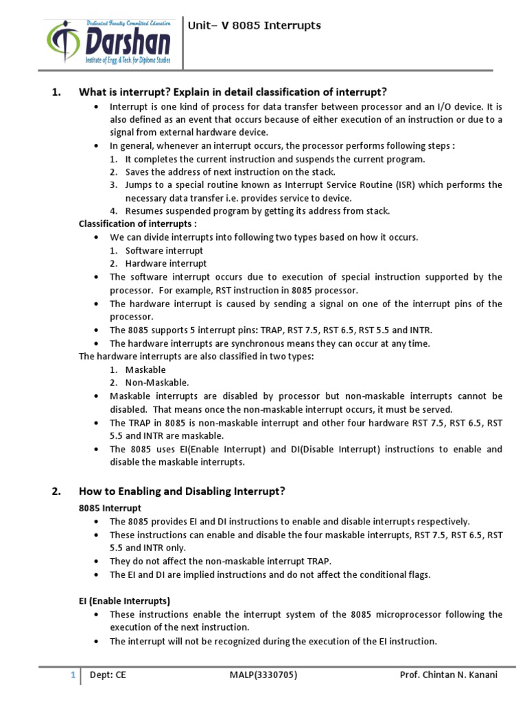 8085 Interrupts: Enabling, Disabling and Steps | PDF | Electronic Engineering | Information ...