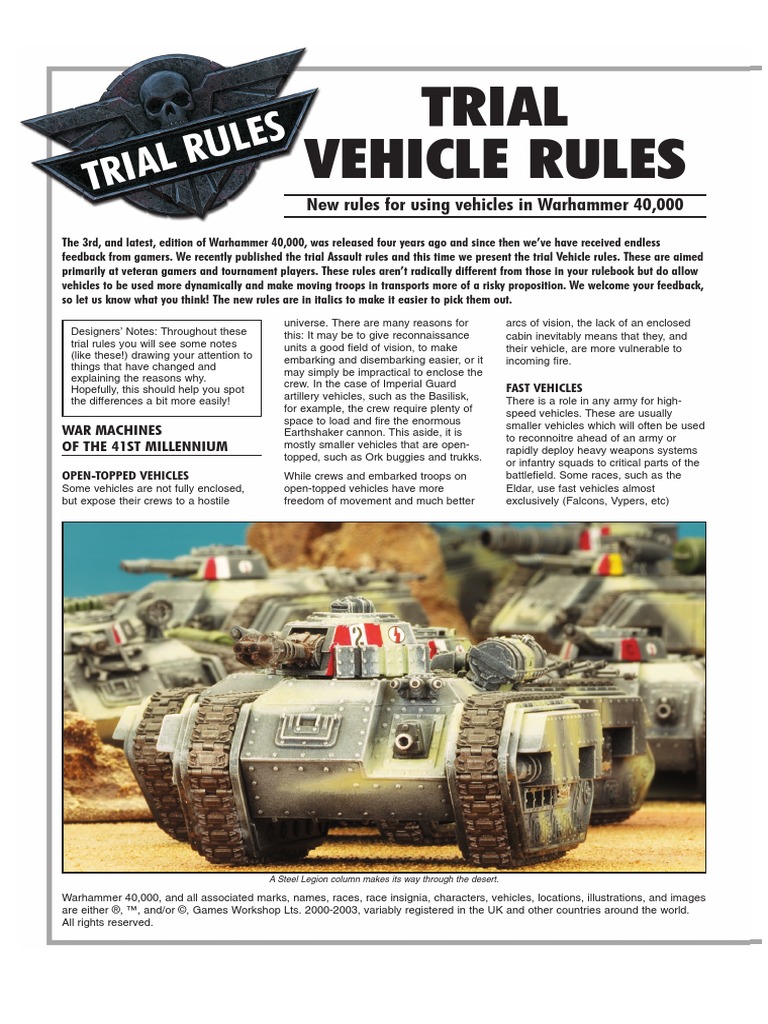 WarHammer 40K (Extra) Trial Vehicle Rules | PDF | Tanks | Artillery