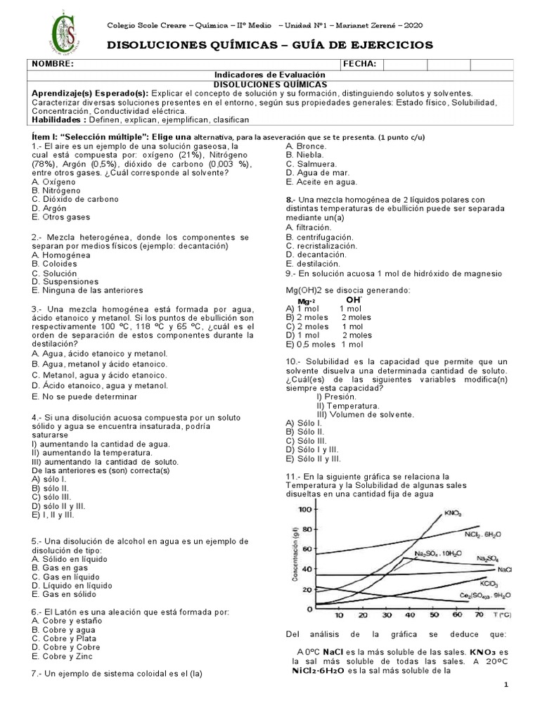 Guia de Ejercicios Disoluciones Químicas | PDF | Solubilidad | Mezcla
