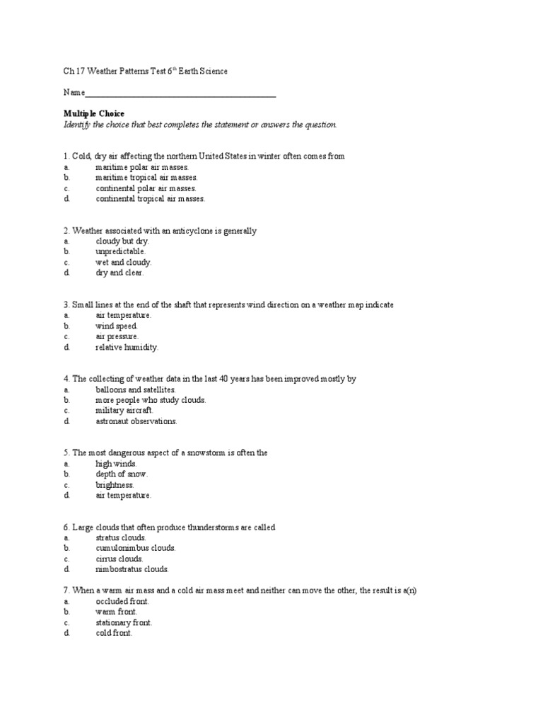 Ch 17 Weather Patterns Test 6th Earth Science Pdf Cloud Tropical Cyclones