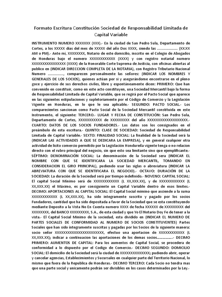 Formato Escritura Constitución Sociedad de Responsabilidad Limitada de Capital Variable | PDF ...