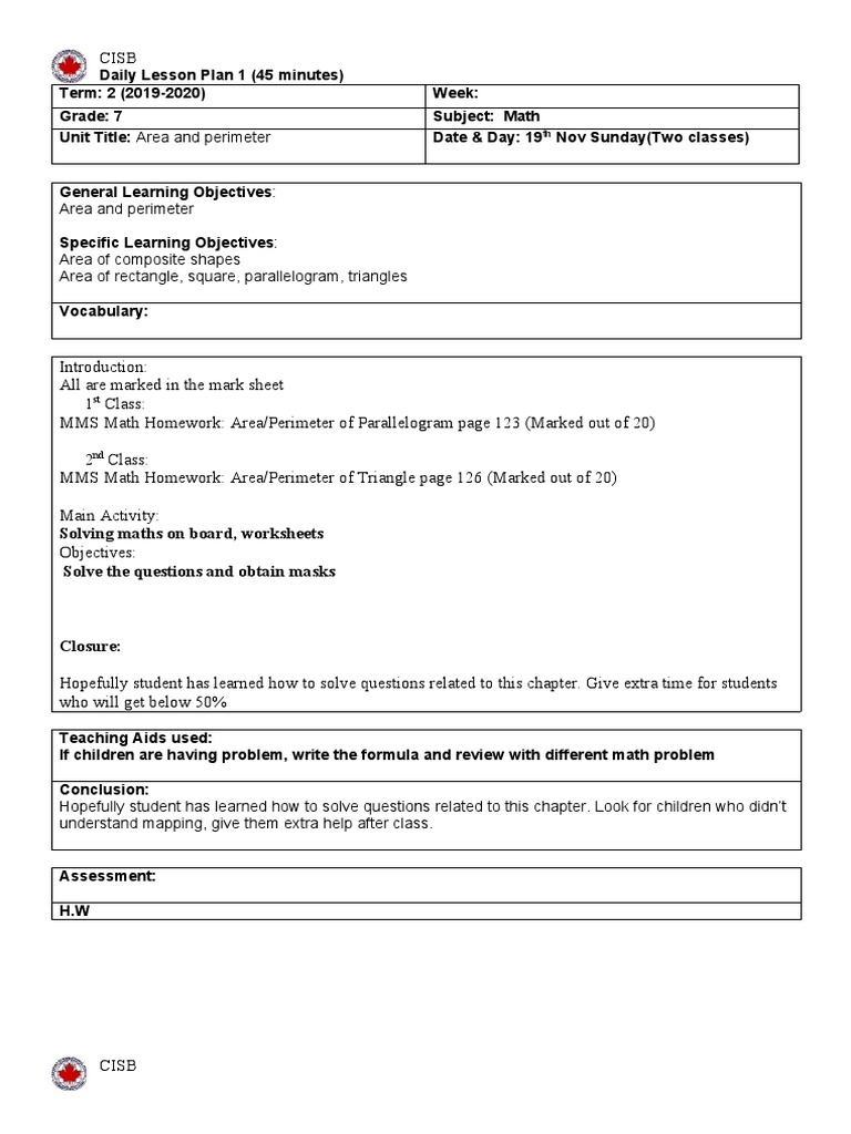 Math Lesson Plan Grade 7 1 | PDF | Area | Lesson Plan