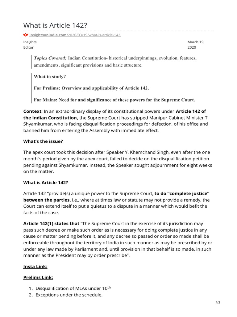 What Is Article 142 PDF | PDF | Supreme Court Of India | Supreme Courts