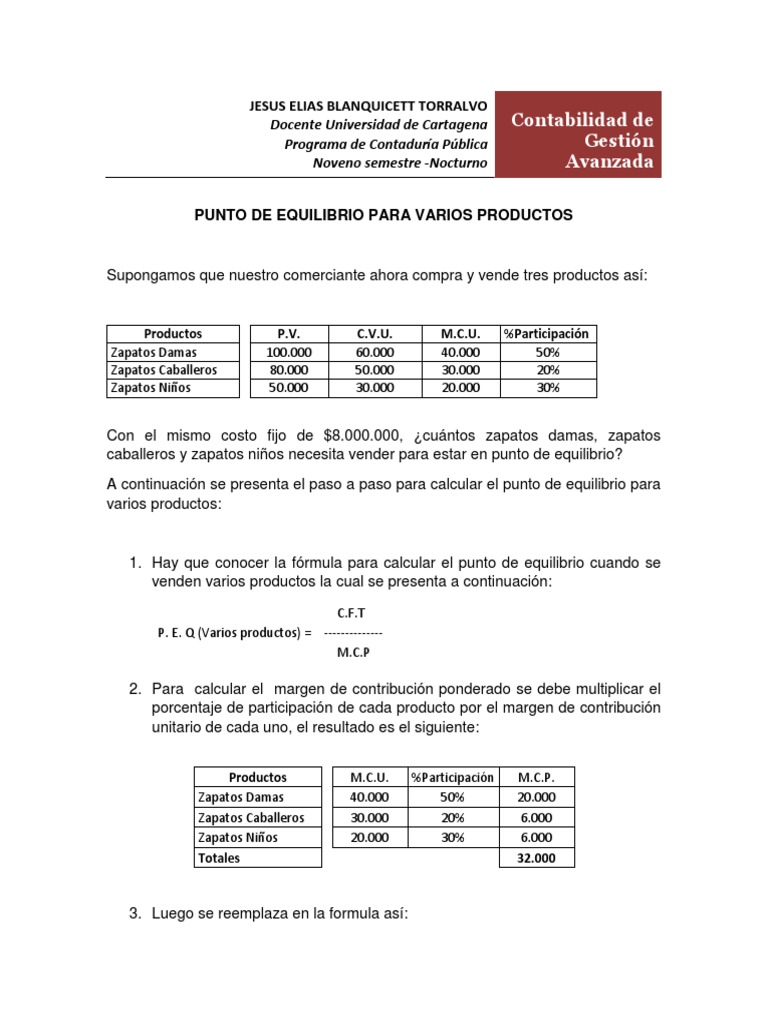 Punto de Equilibrio para Varios Productos Cga (N) | PDF | Business | Enseñanza de matemática