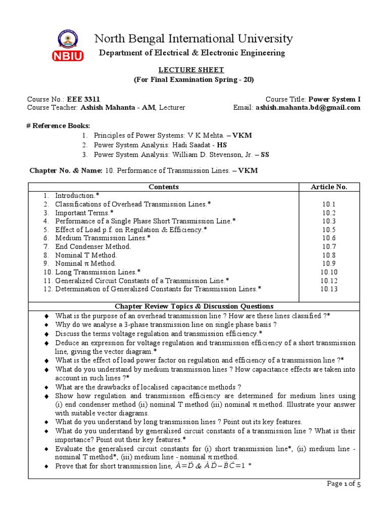 Lecture Sheet Power System I ForFinalExam Spring 2020 | PDF ...