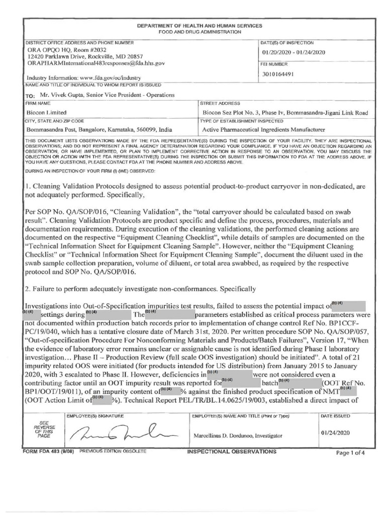 FDA Inspection Report: Biocon Limited | PDF | Food And Drug ...