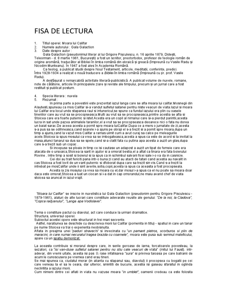 FISA DE LECTURA Moara Lui Califar | PDF