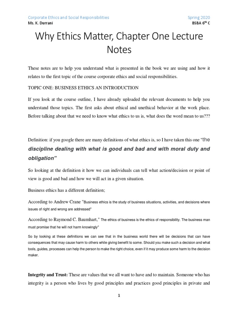 Why Ethics Matter CHAPTER 1 NOTES | PDF | Integrity | Business Ethics