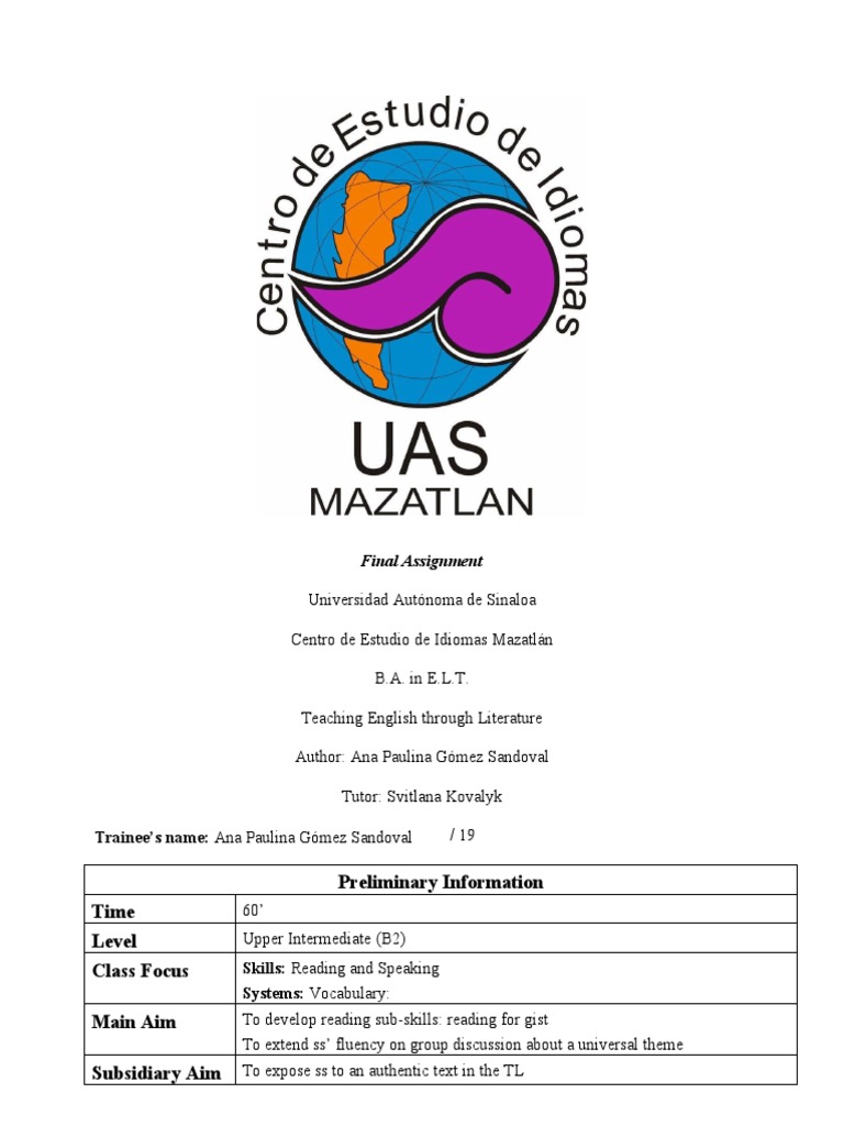 Using Novels in The EFL Classroom - Lesson Plan | PDF | Reading ...