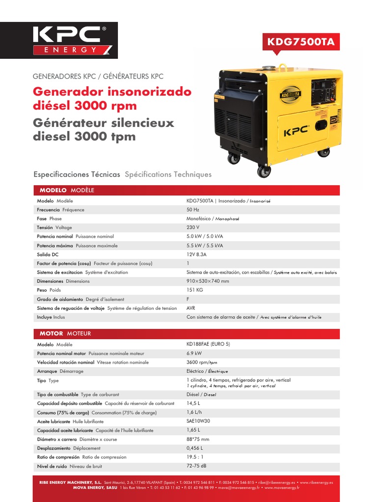 Generador Kipor KDG7500TA | PDF | Moteur diesel | Combustible