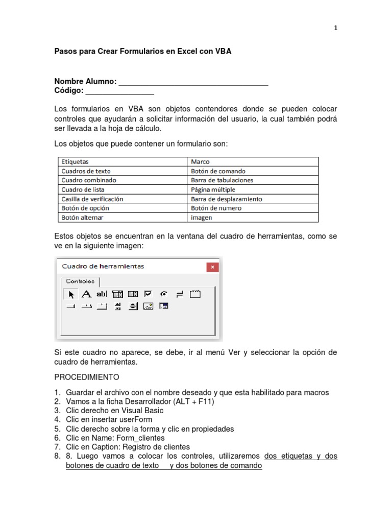 Pasos para Crear Formularios en Excel Con VBA | PDF | Macro (informática) | Visual Basic para ...