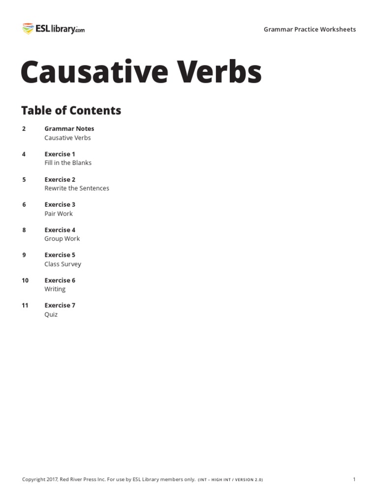 Causative Verbs Grammar Practice Worksheets ESL Library | PDF | Verb ...