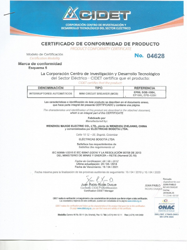 Certificado Interruptores Automaticos PDF | PDF