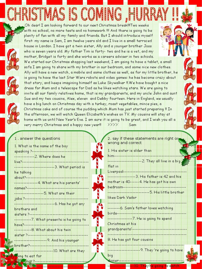 Christmas Is Coming Reading Comprehension Reading Comprehension ...